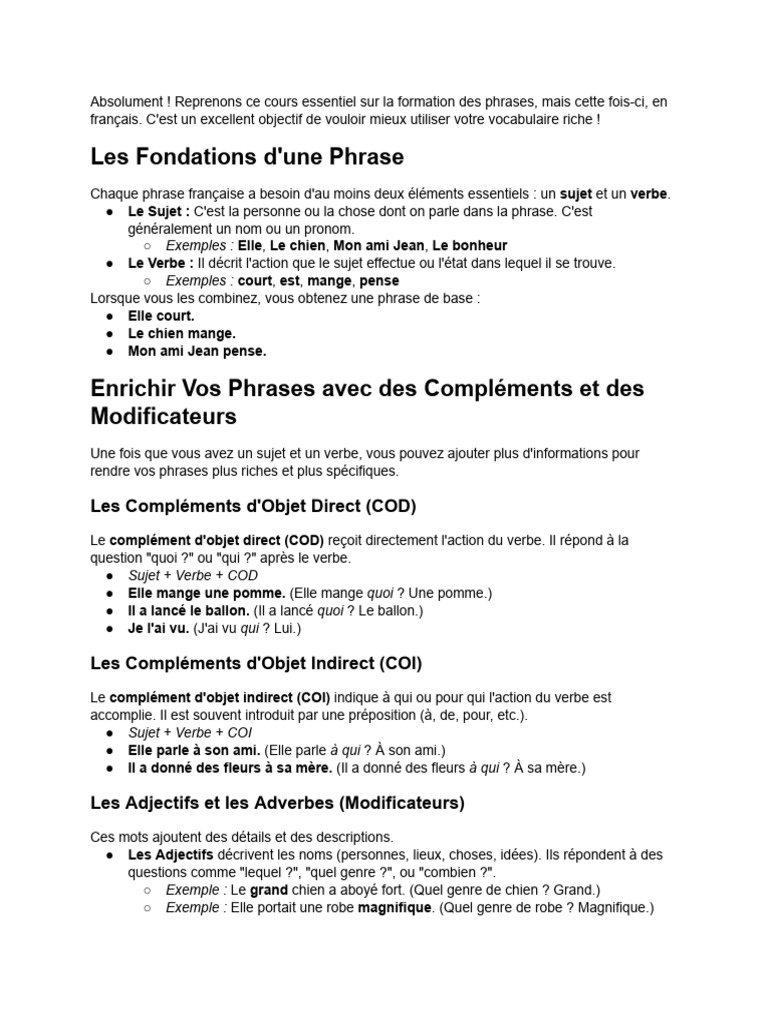 Formation des Phrases en Français | PDF | Clause | Complément d'objet