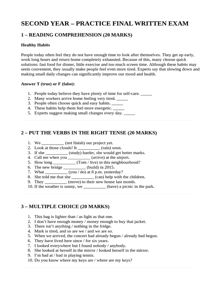 Second Year Practice Final Exam Guide | PDF