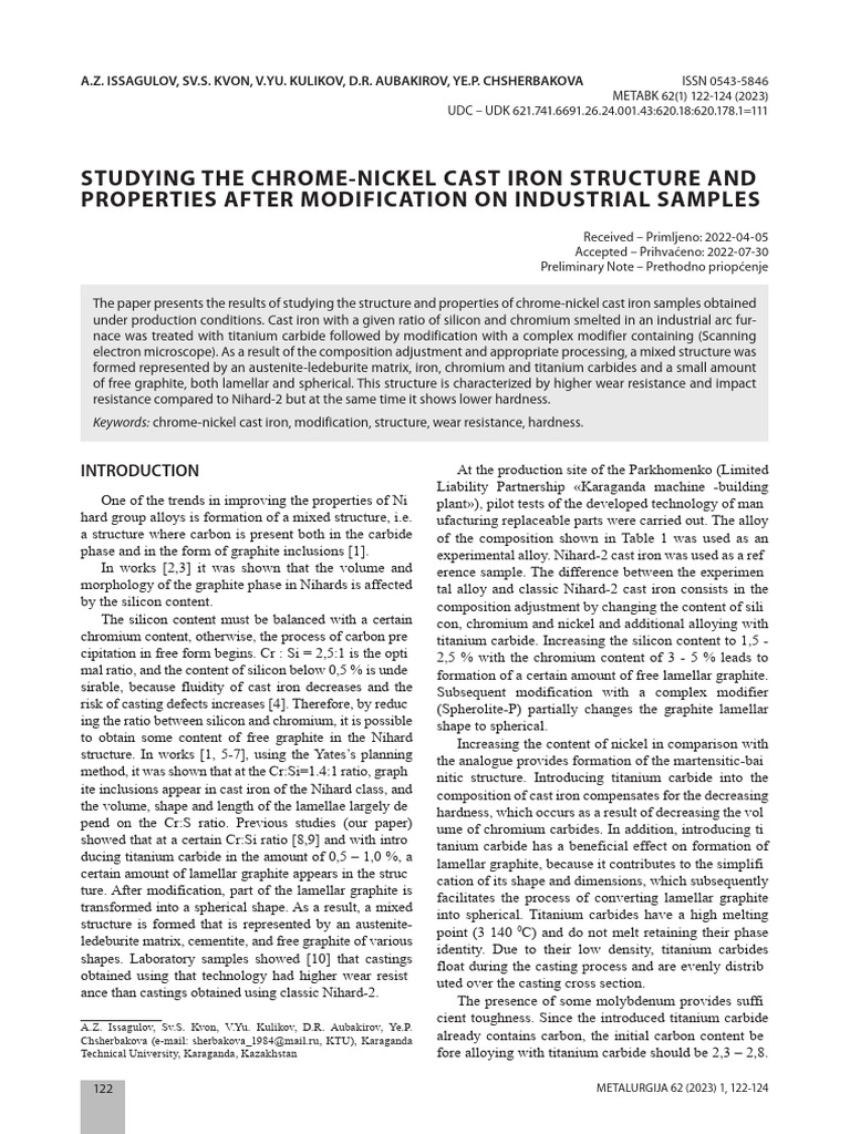 Studying The Chrome-Nickel Cast Iron Structure and Properties After ...