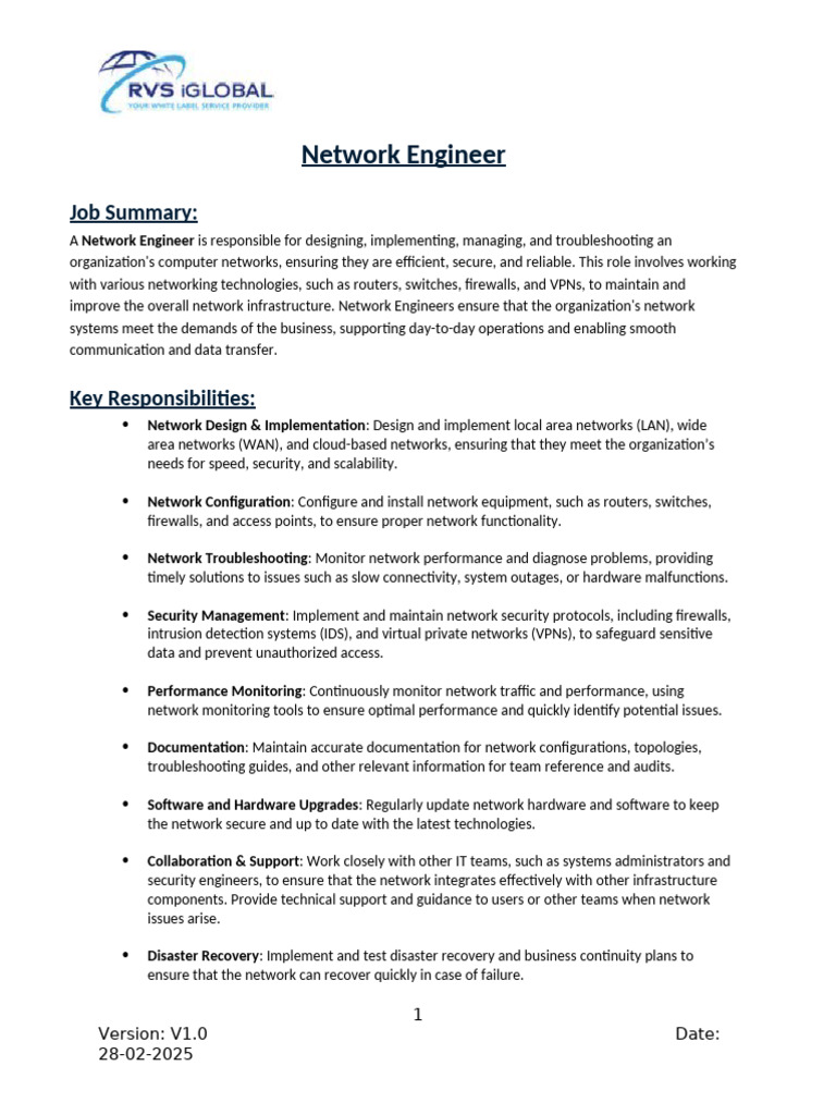 Network Engineer JD | PDF | Computer Network | Firewall (Computing)