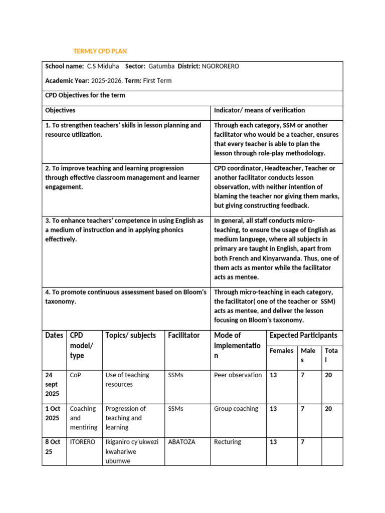 First Term CPD Plan | PDF | Mentorship | Teachers