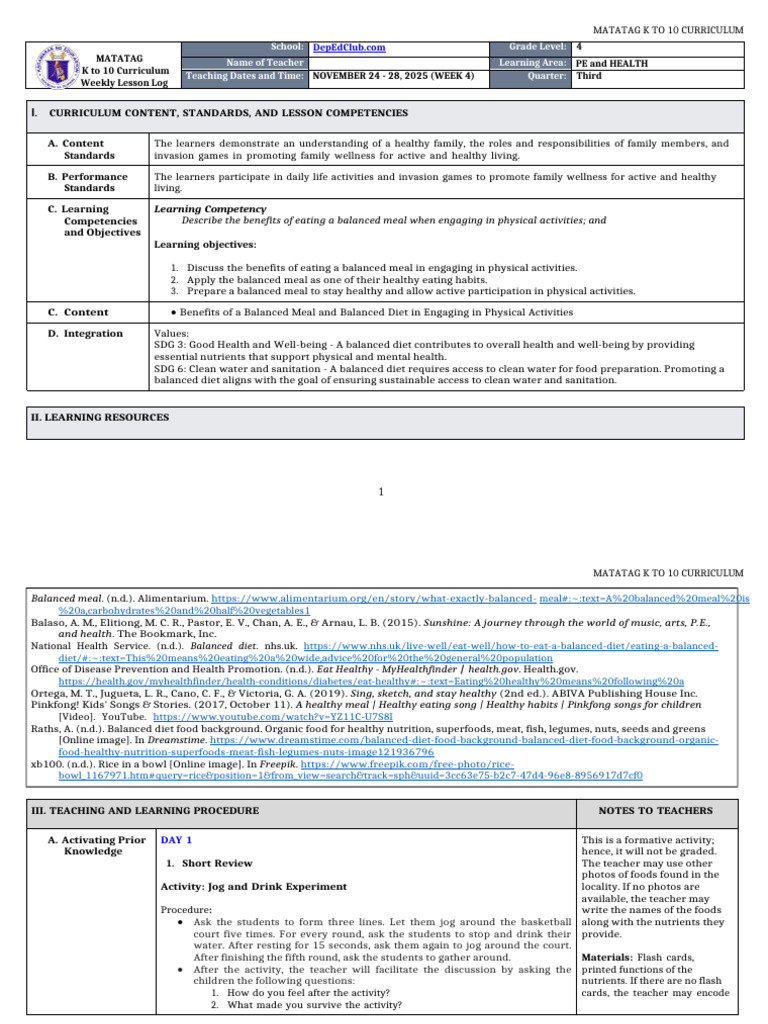 K-10 PE & Health Lesson Plan: Balanced Meals | PDF | Healthy Diet ...