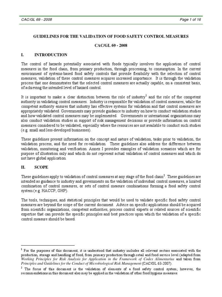 Guideline For The Validation of Food Safety Control Measures | PDF