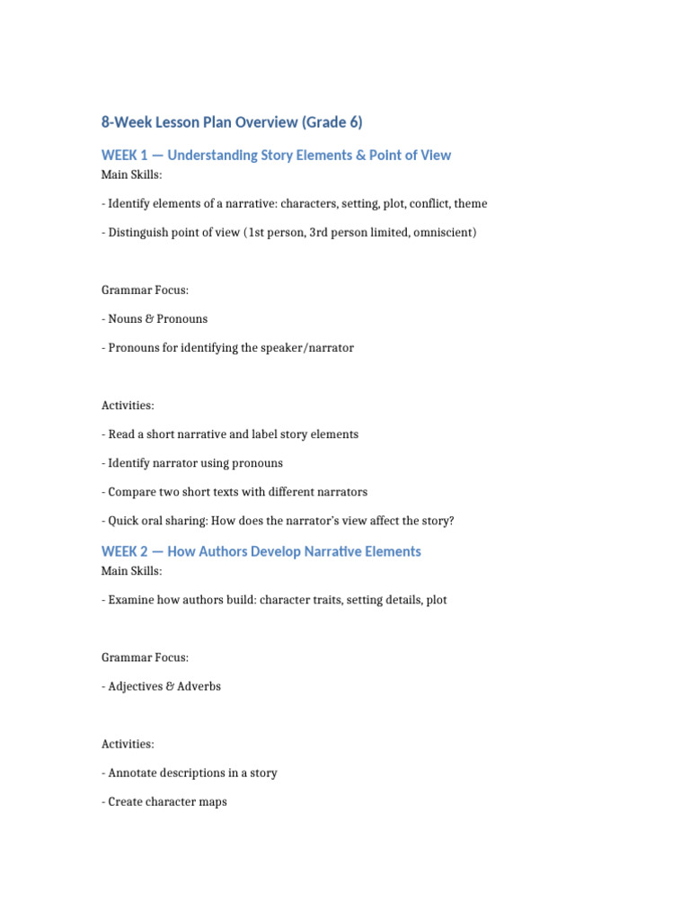 Grade6 8week LessonPlan | PDF | Narrative | Narration