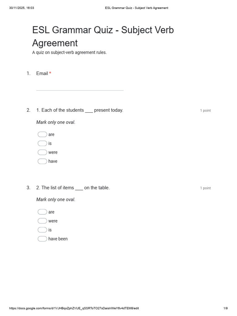 ESL Subject-Verb Agreement Quiz | PDF | Chess | Chess Theory