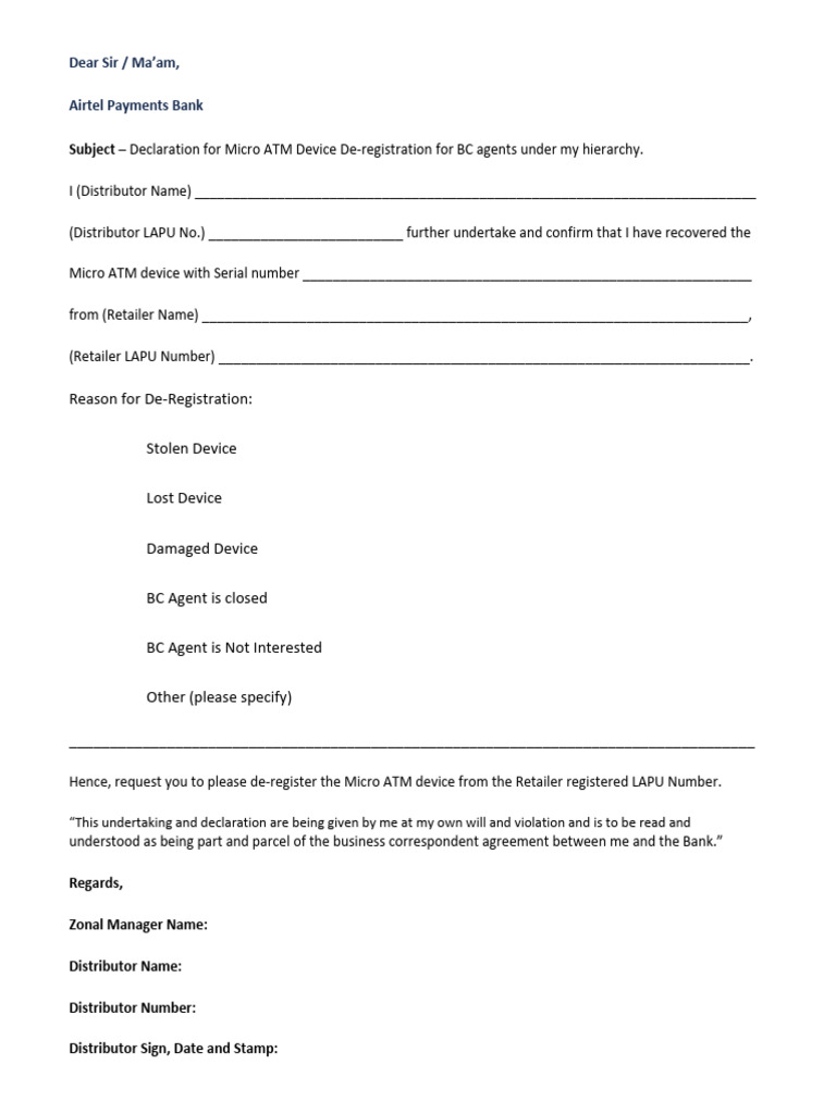 Distributor Declaration - MATM De-Registration | PDF