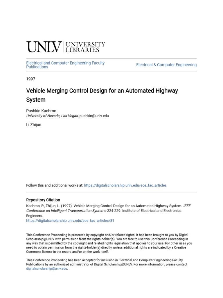Vehicle Merging Control Design For An Automated Highway System | PDF ...
