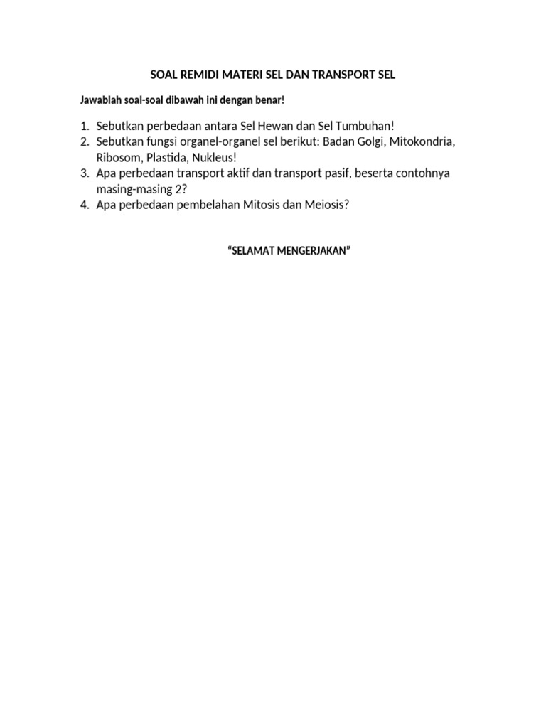Soal Remidi Sel dan Transport Sel | PDF