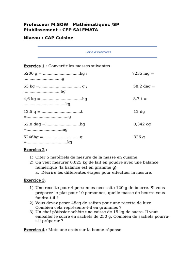 Exercices de conversion de masse en cuisine | PDF | Kilogramme ...