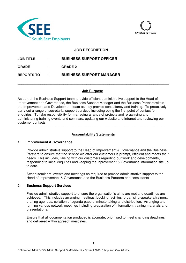 Job Description Business Support Officer: Job Title Grade Grade 2 ...