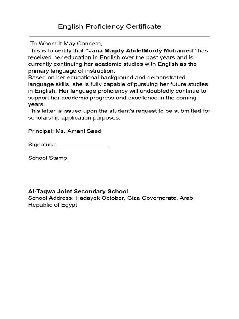 English Proficiency Certificate for Jana Magdy | PDF