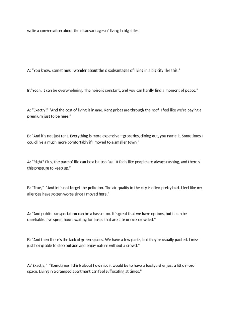 Write A Conversation About The Disadvantages of Living in Big Cities | PDF