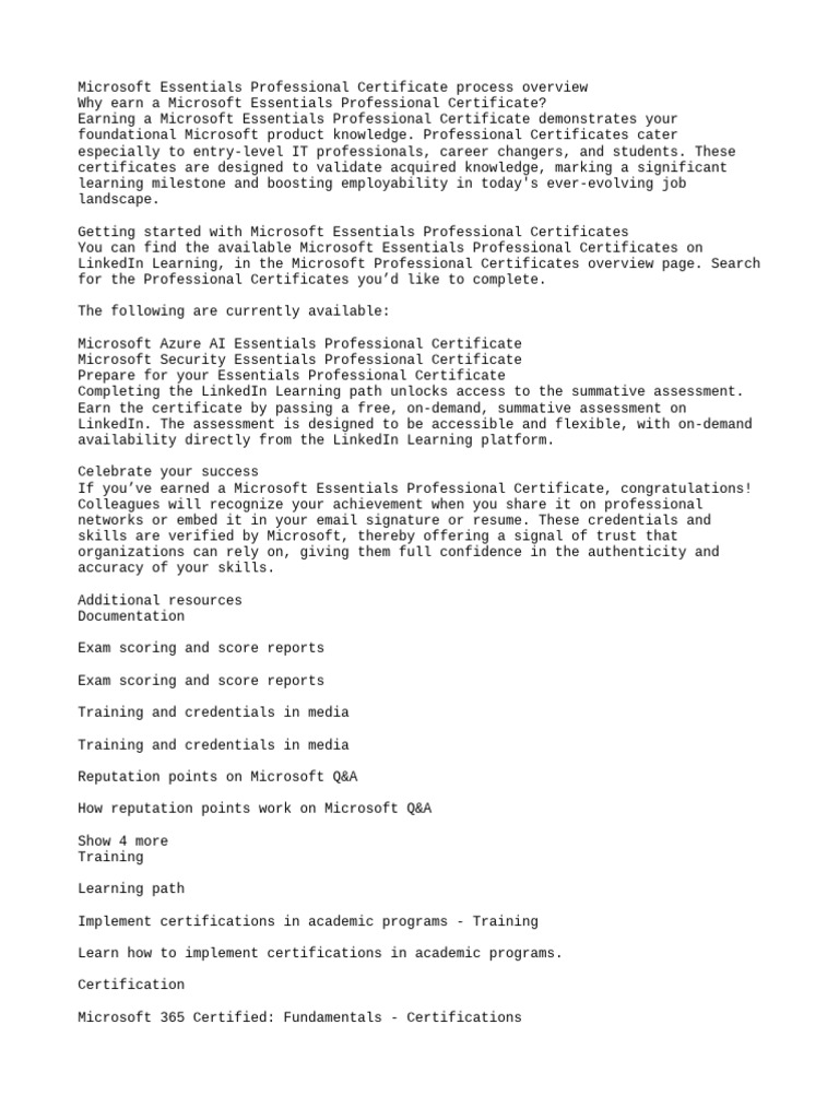 Microsoft Essentials Certificate Overview | PDF