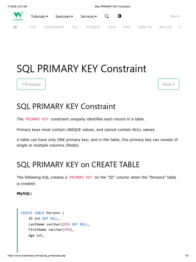 SQL Primary Key Constraint | PDF | Sql | My Sql