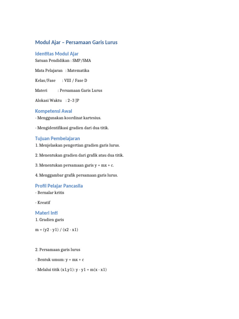 Modul Ajar Persamaan Garis Lurus | PDF