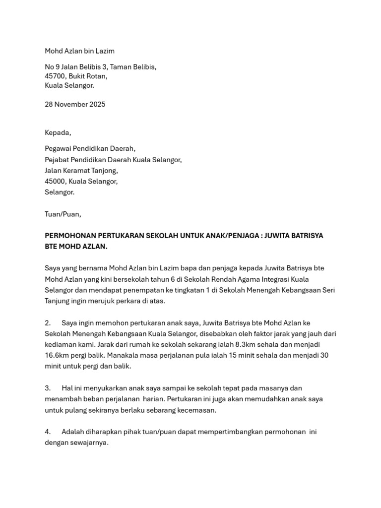 Surat Tukar Sekolah | PDF