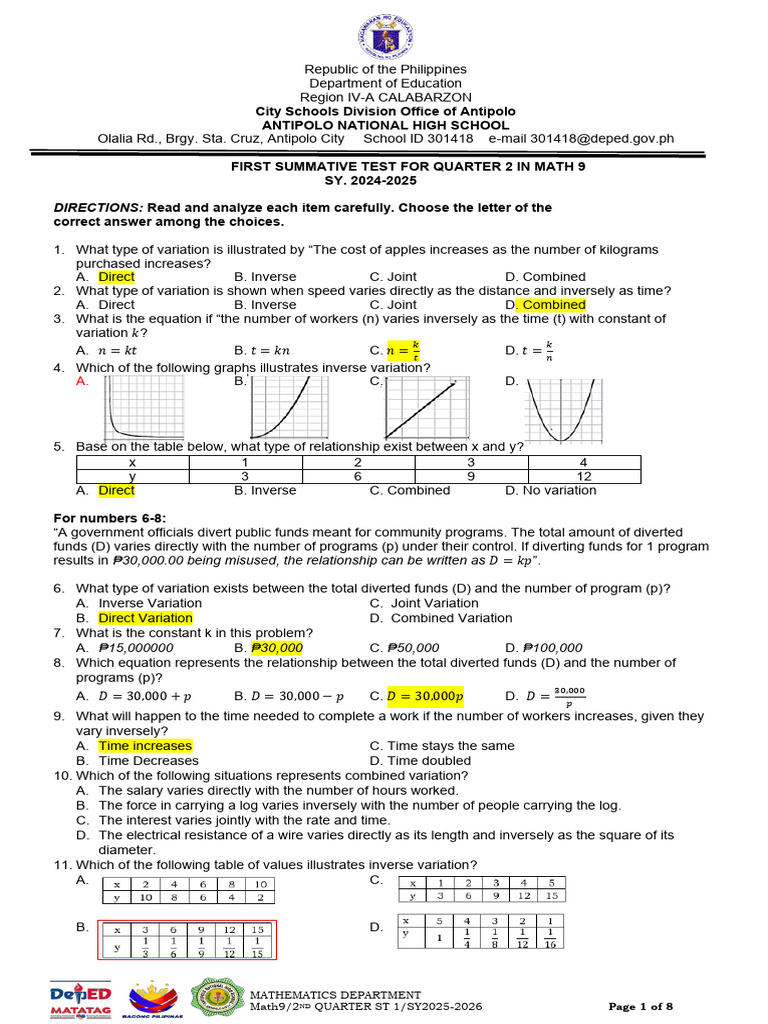 Math 9 2nd Quarter Summative Test | PDF | Square Root | Mathematics