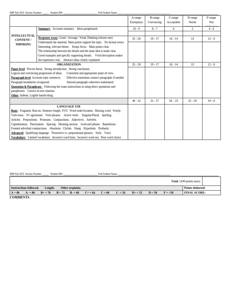 2025 EBP Final Reading & Writing Exam Rubric | PDF | Word | English Grammar