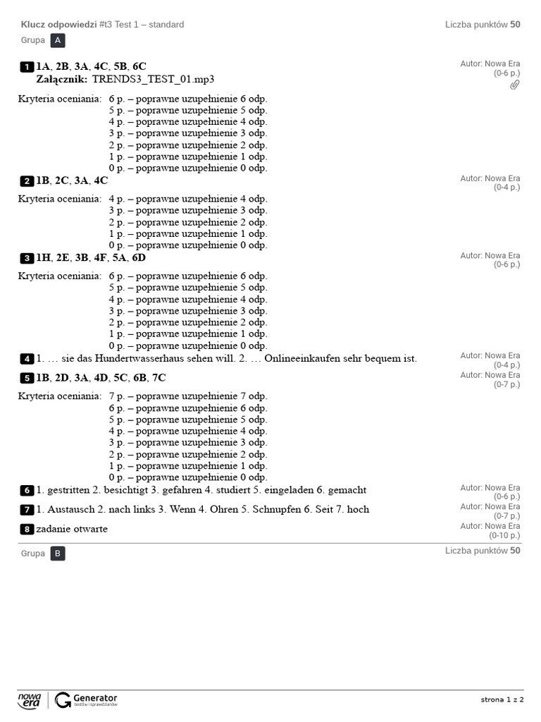 t3 Test 1 - Standard Klucz Odpowiedzi | PDF