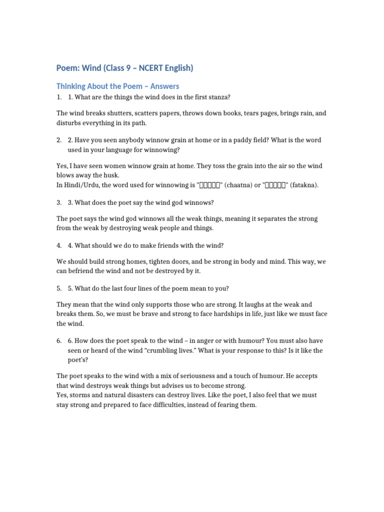 Wind Poem Class9 Answers Spaced | PDF
