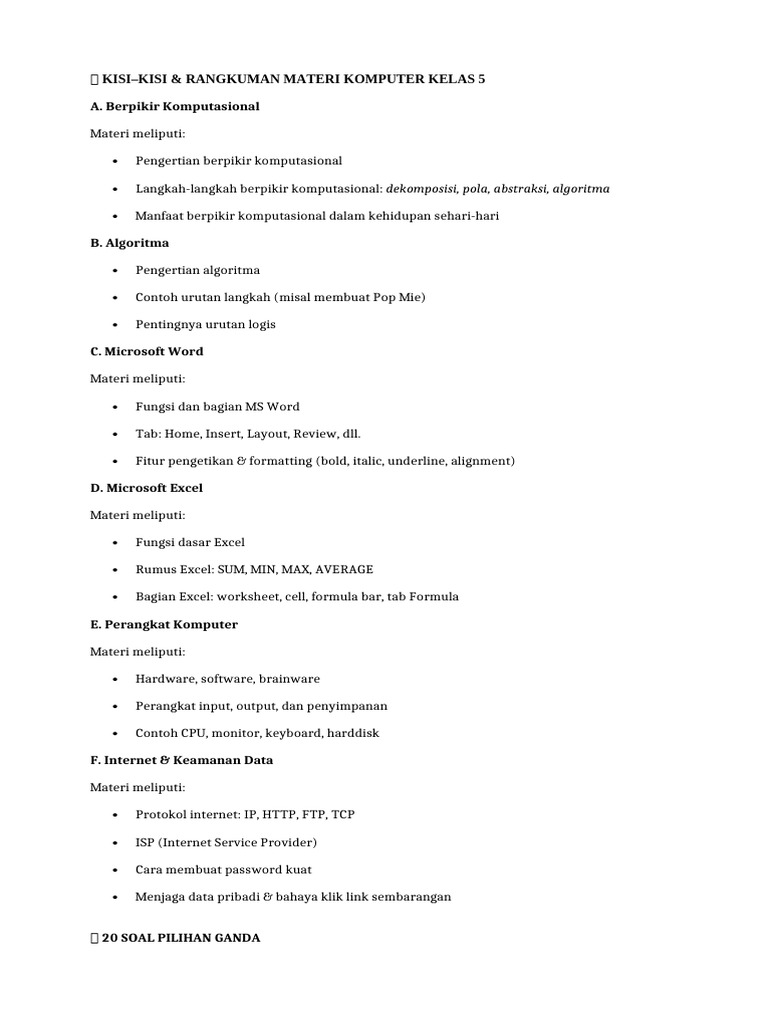 Kisi-kisi & Latihan Soal Kelas 5 Smt 1 | PDF