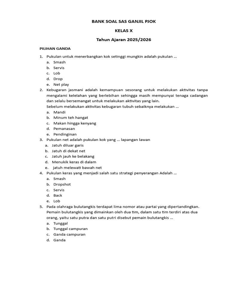 Bank Soal Pjok_kelas x | PDF