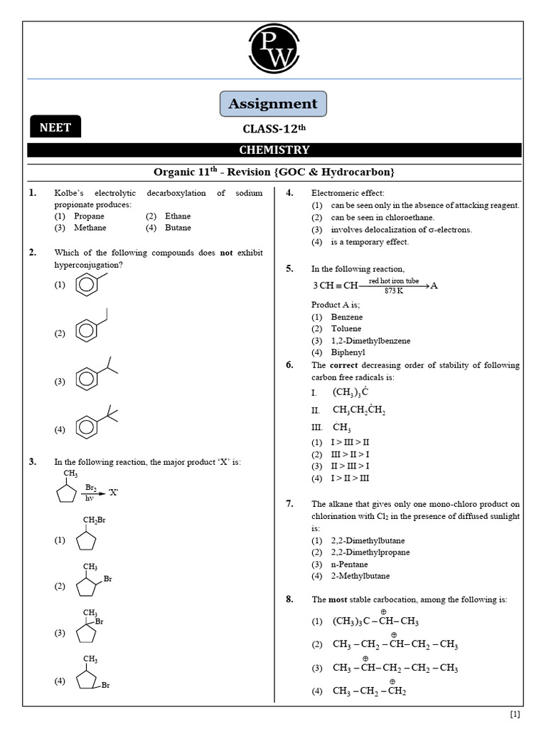 Diwali Assignment (25-26) - Organic 11th - Revision (GOC & Hydrocarbon ...