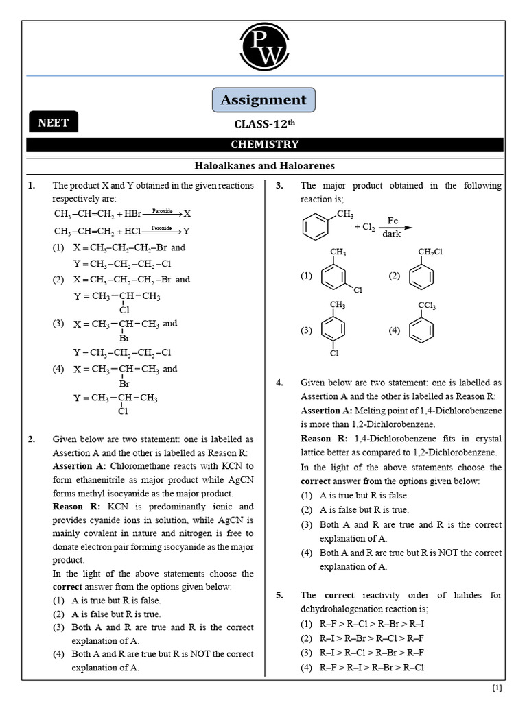 Diwali Assignment (25-26) Haloalkanes and Haloarenes Chemistry Class ...