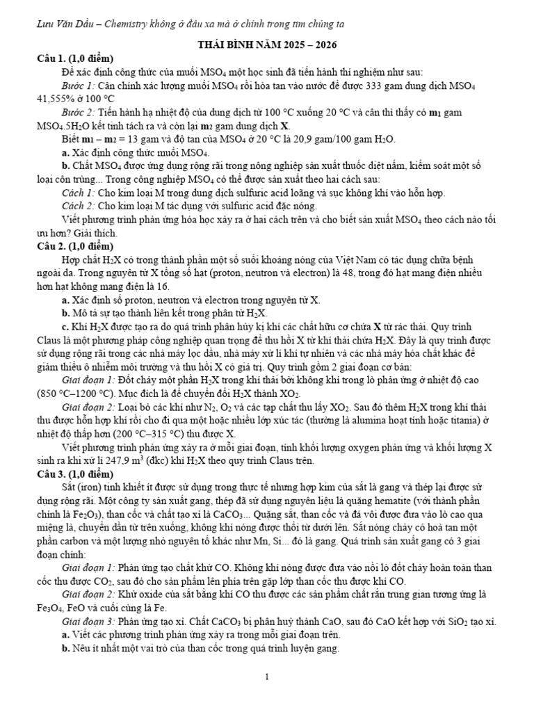 1123. Đề Tuyển Sinh Chuyên Hóa Thái Bình Năm 2025 - 2026 | PDF