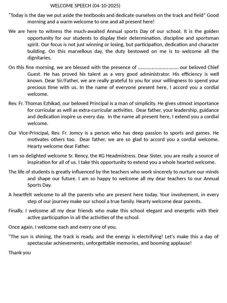 Annual Sports Day Welcome Speech | PDF