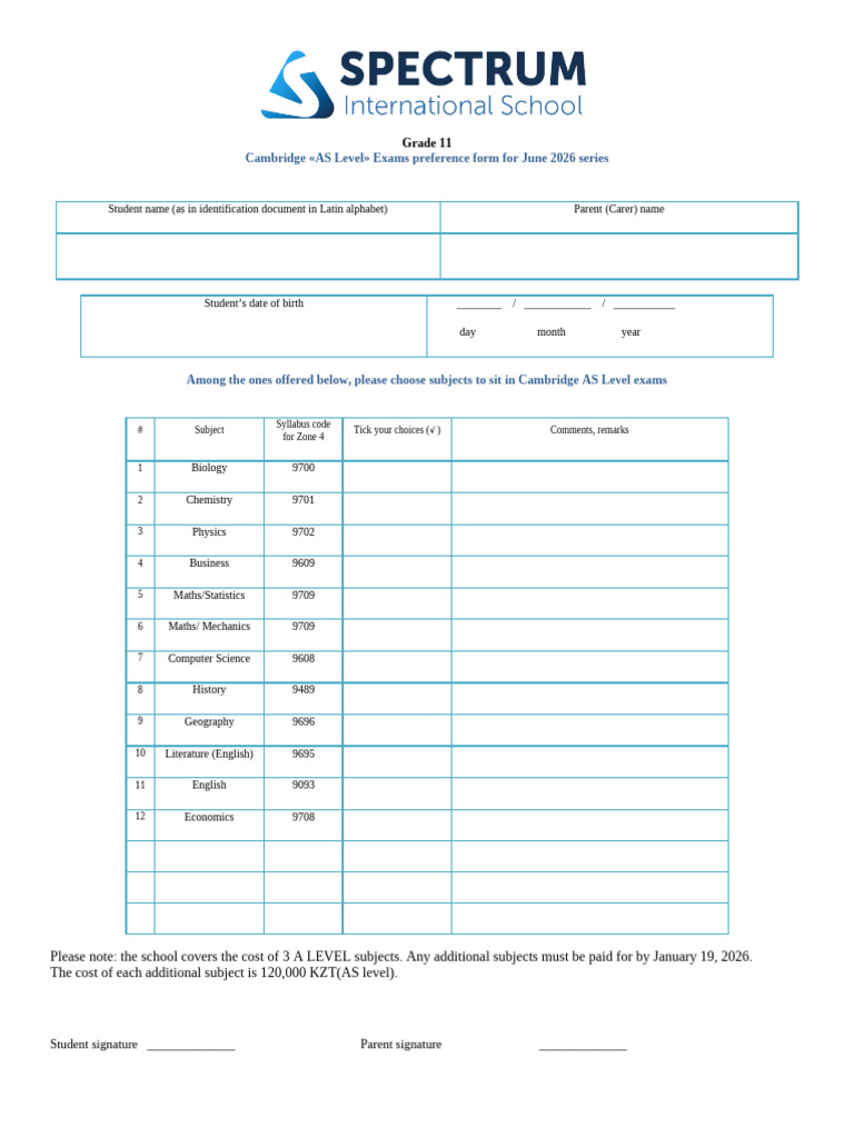 AS Level Exam Preference Form 2026 | PDF