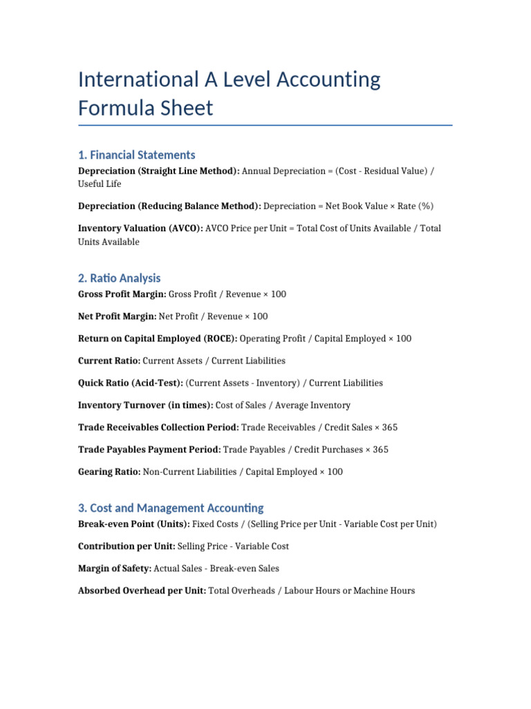 A Level Accounting Formula Sheet | PDF