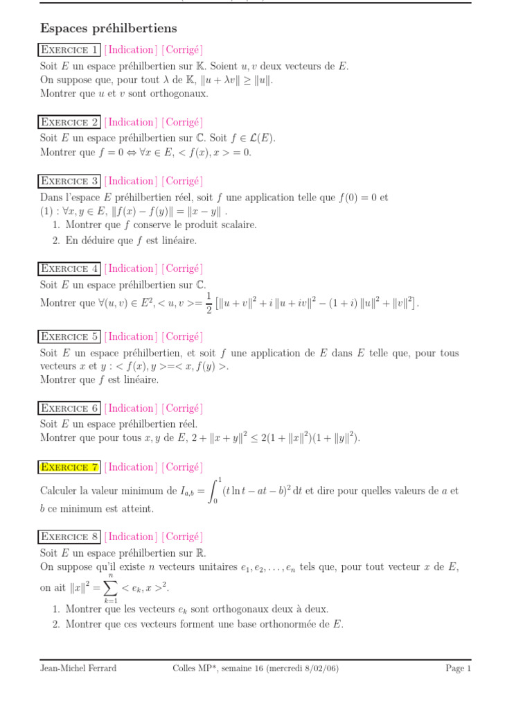 Exercices sur les espaces préhilbertiens et euclidiens | PDF | Espace ...