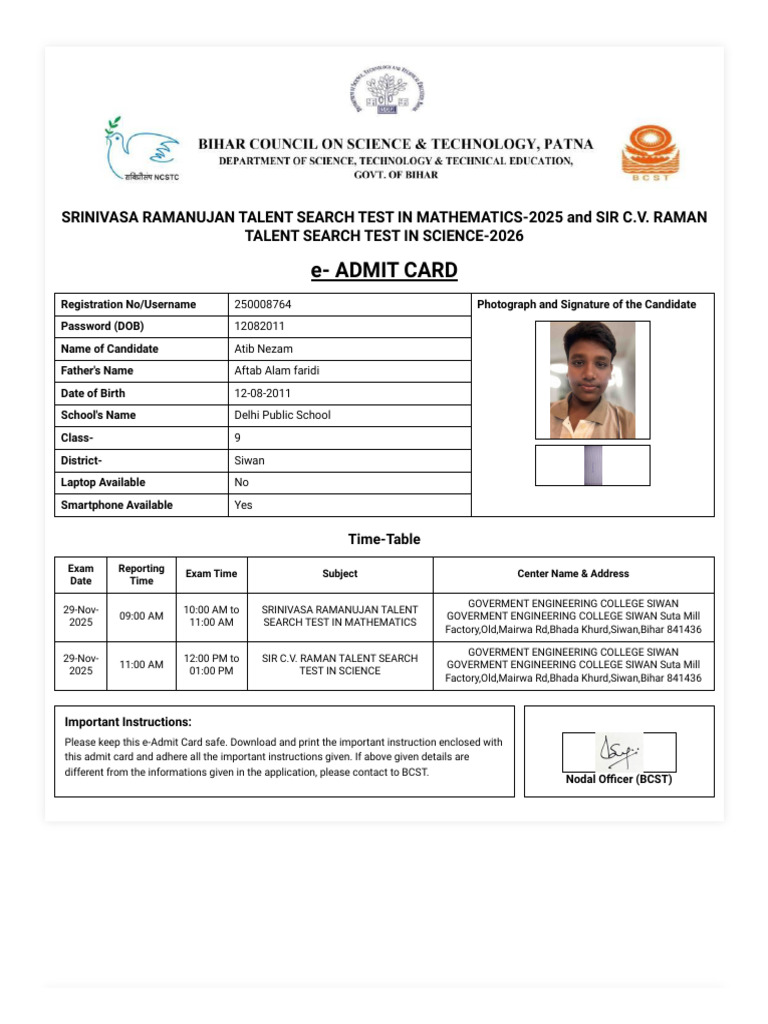 2025-2026 Talent Search Test Admit Card | PDF
