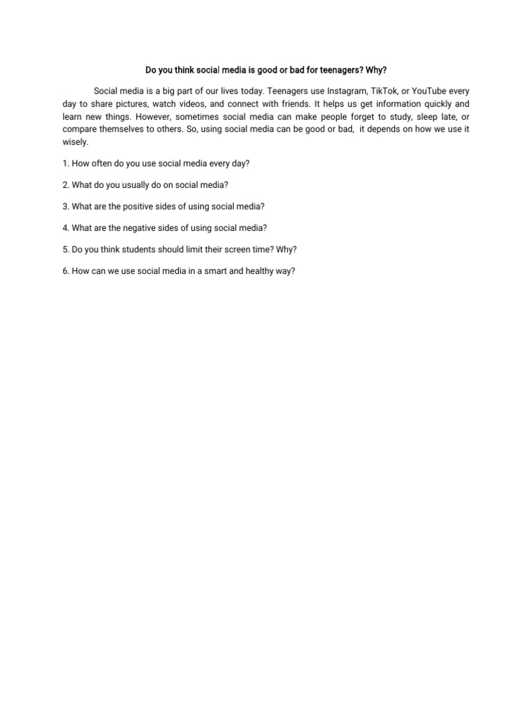 Do You Think Social Media Is Good or Bad For Teenagers | PDF