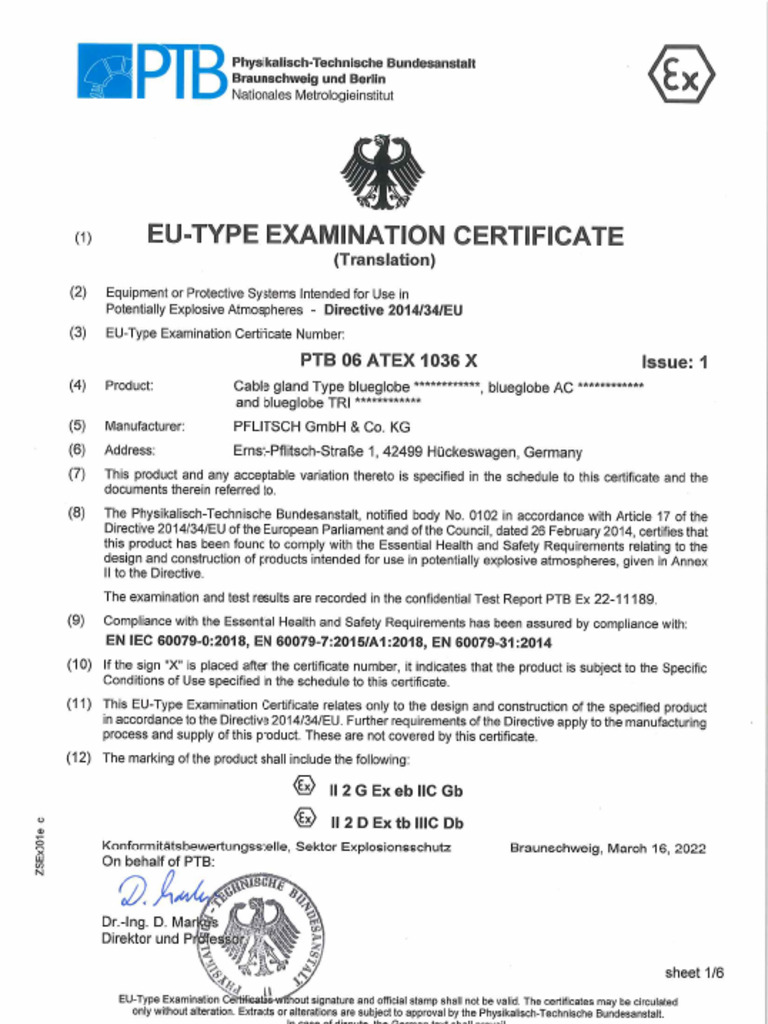 Zertifikat PTB 06 Atex 1036 X GB | PDF