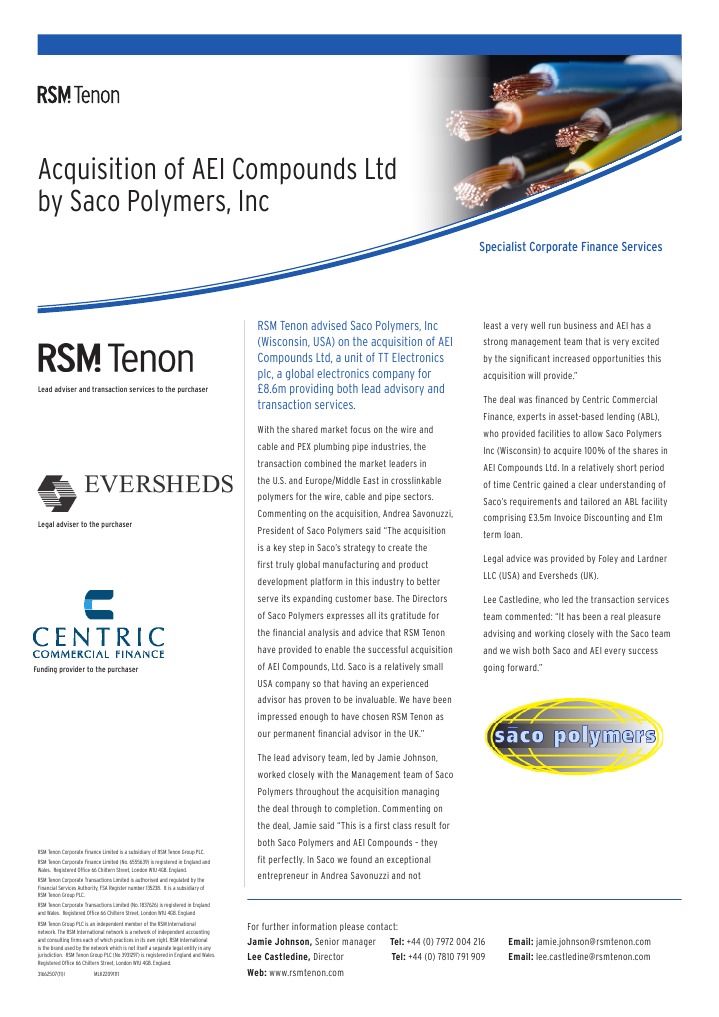 Acquisition of AEI Compounds LTD by Saco Polymers | PDF | Financial ...