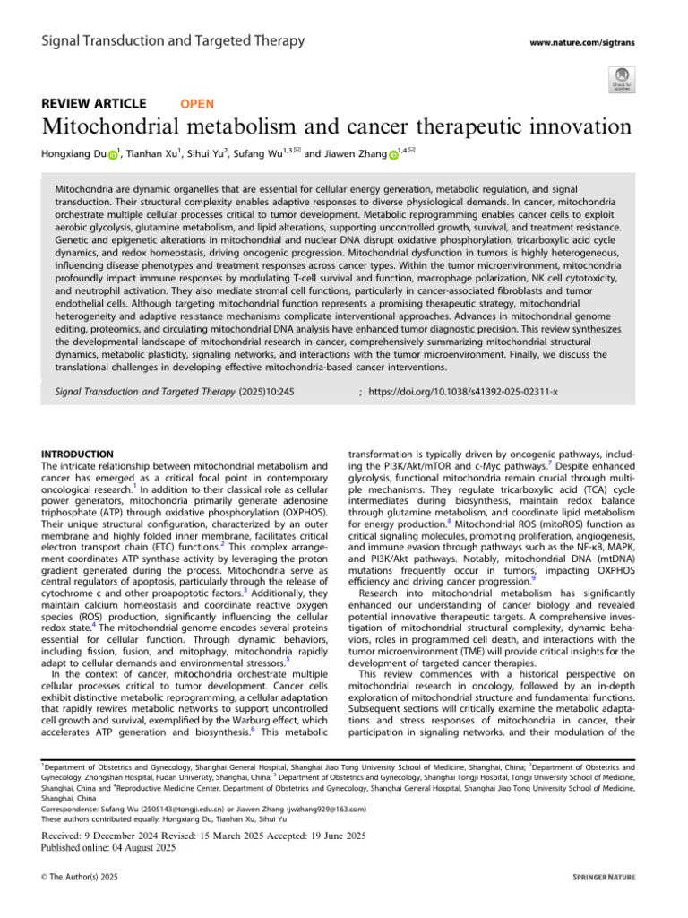 Mitochondrial Metabolism in Cancer Therapy | PDF | Mitochondrion ...