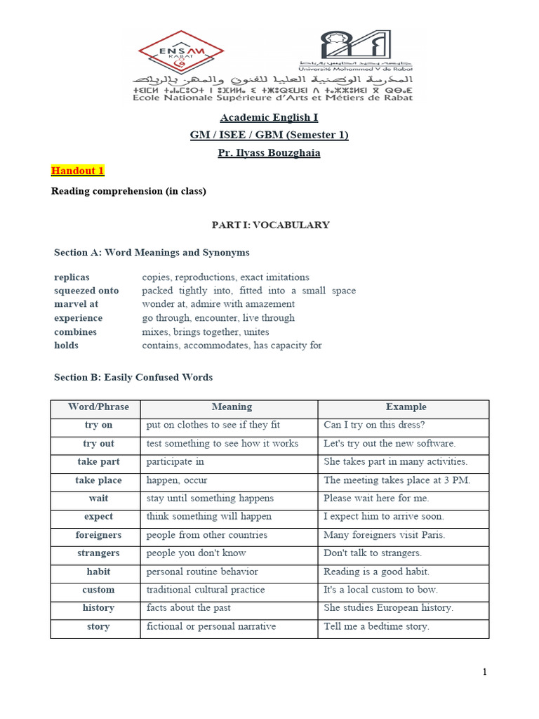 Vocabulary and Grammar for Academic English | PDF | Verb | Grammatical ...