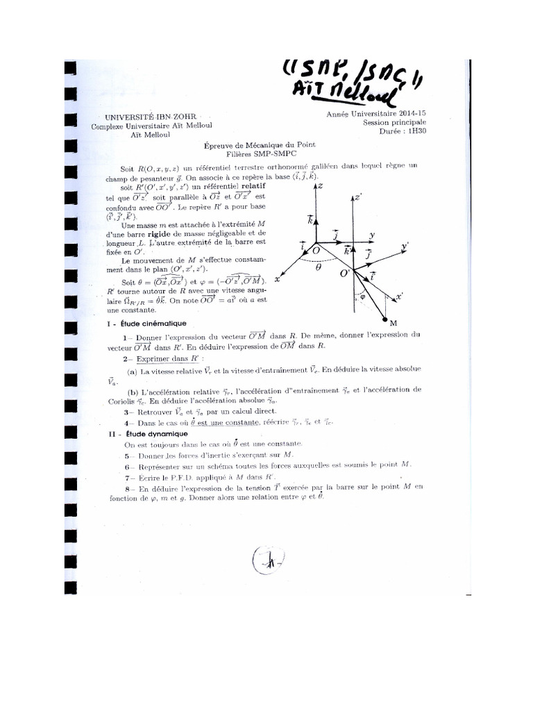 Examen Avec Correction de Mécanique Du Point - smp1-SMC1.Normale.2015 | PDF