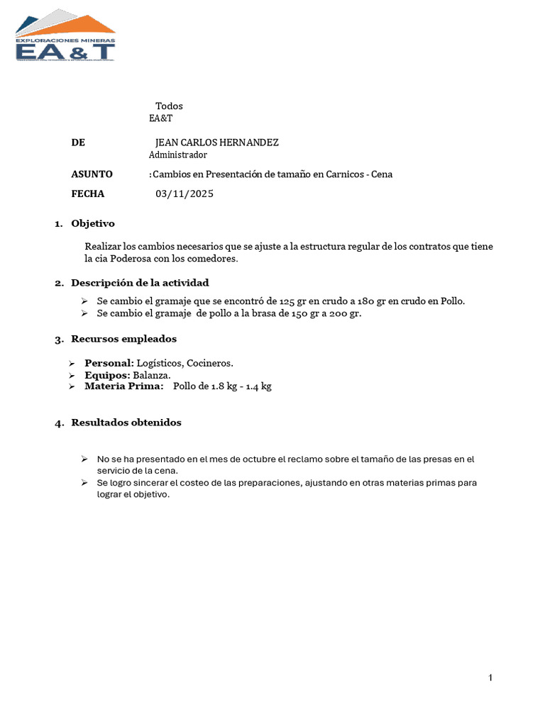 Informe - Cambio de Gramaje en Carnico en Servicio de Cena | PDF