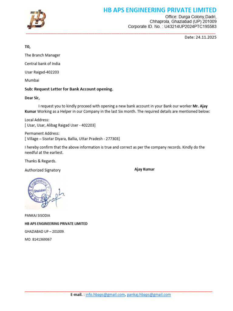 Bank Ac Open Request Ajay Kumar | PDF