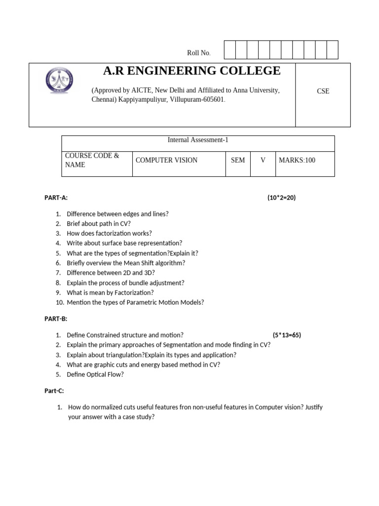 Computer Vision Internal Assessment Guide | PDF