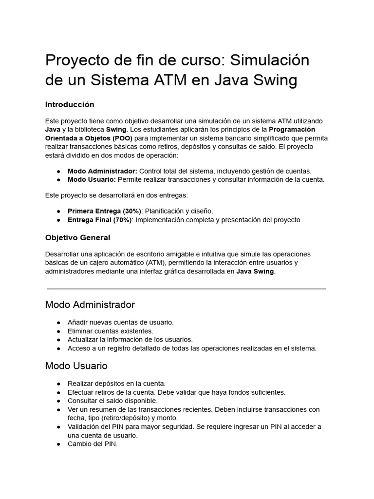 Proyecto Académico - Simulación de Un Sistema ATM en Java Swing v1.1 | PDF | Java (lenguaje de ...