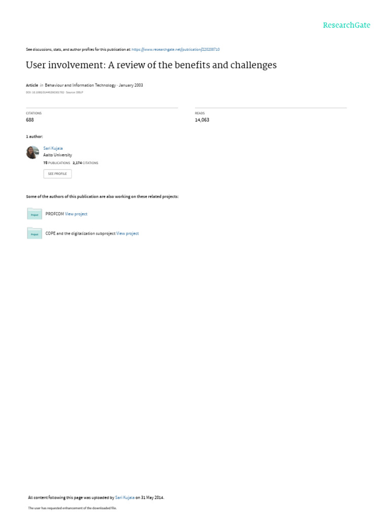 User Involvement A Review of The Benefits and Chal | PDF | Usability ...