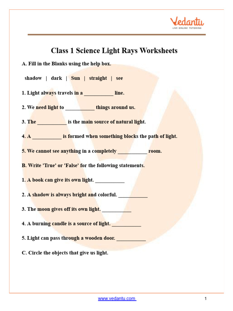 Class 1 Science Light Rays Worksheet PDF - Practice & Learn | PDF | Light