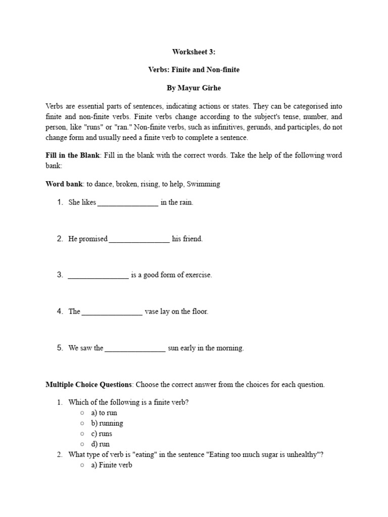 Finite vs Non-finite Verbs Worksheet | PDF