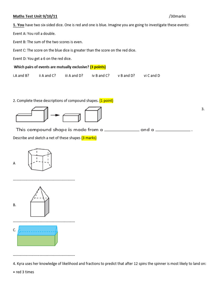 Maths6 Test Unit 9,10,11 | PDF | Chess | Chess Theory