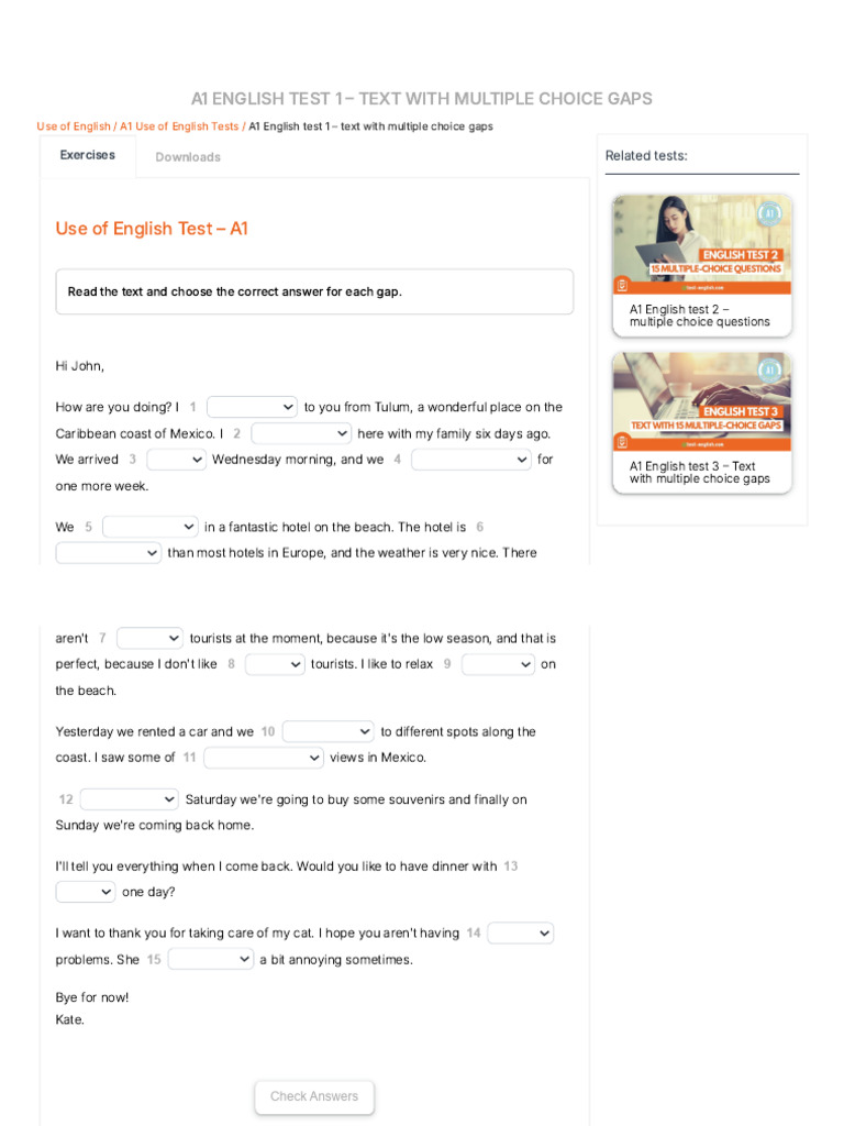 A1 English Test 1 - Text With Multiple Choice Gaps - Test-English | PDF ...