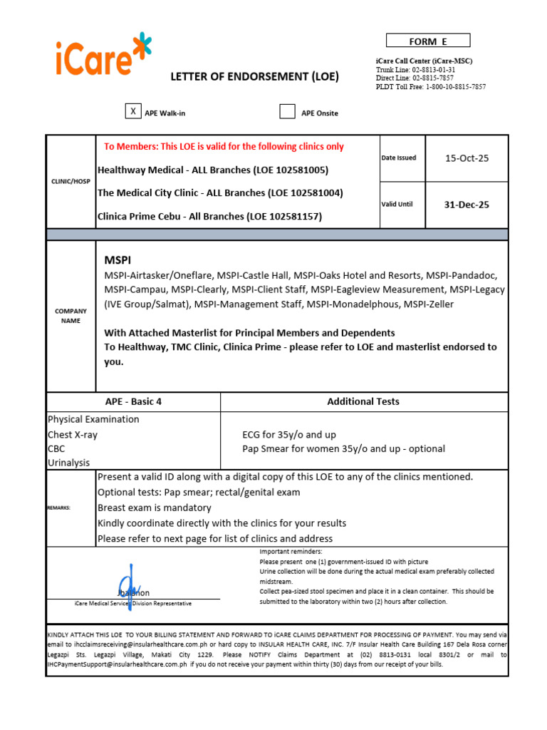 LOE L APE - MSPI Members Copy With Clinic List | PDF | Metro Manila ...